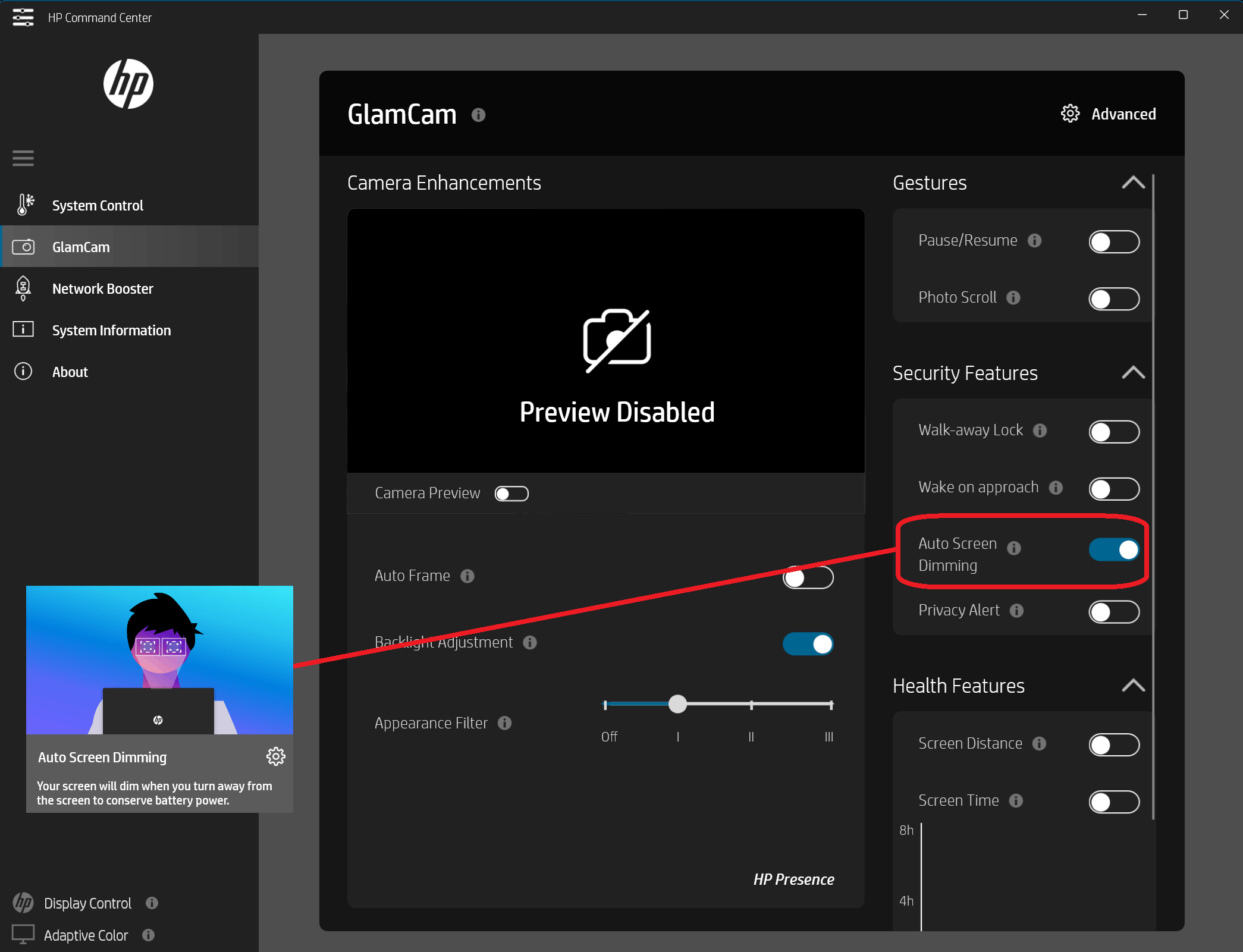 Windows 11 dims when looking away from screen (HP Laptop) -- NOT ...