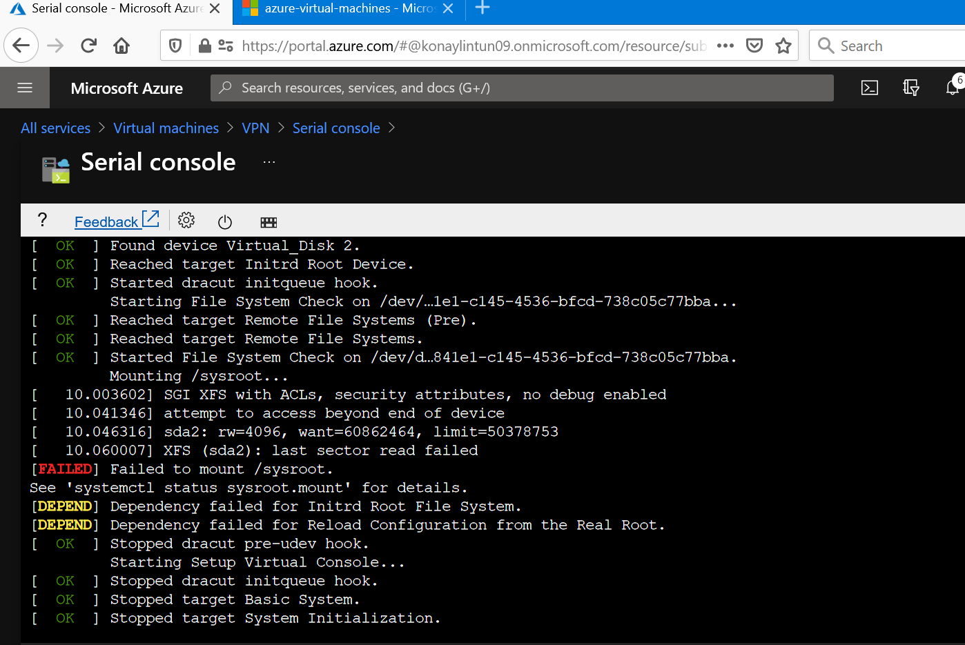 Cant Repair With Console In Azure For Linux Vm Microsoft Qanda