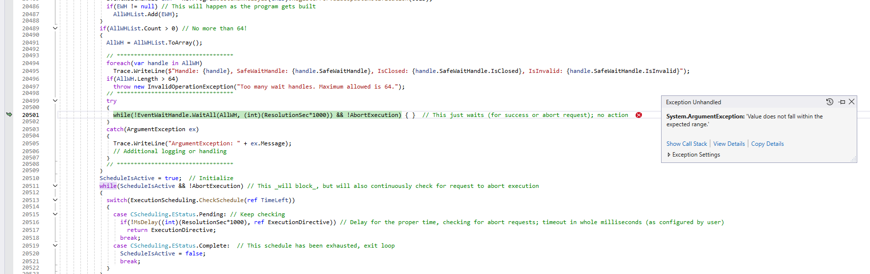 Getting "Value does not fall within the expected range." on a call to EventWaitHandle.WaitAll ...