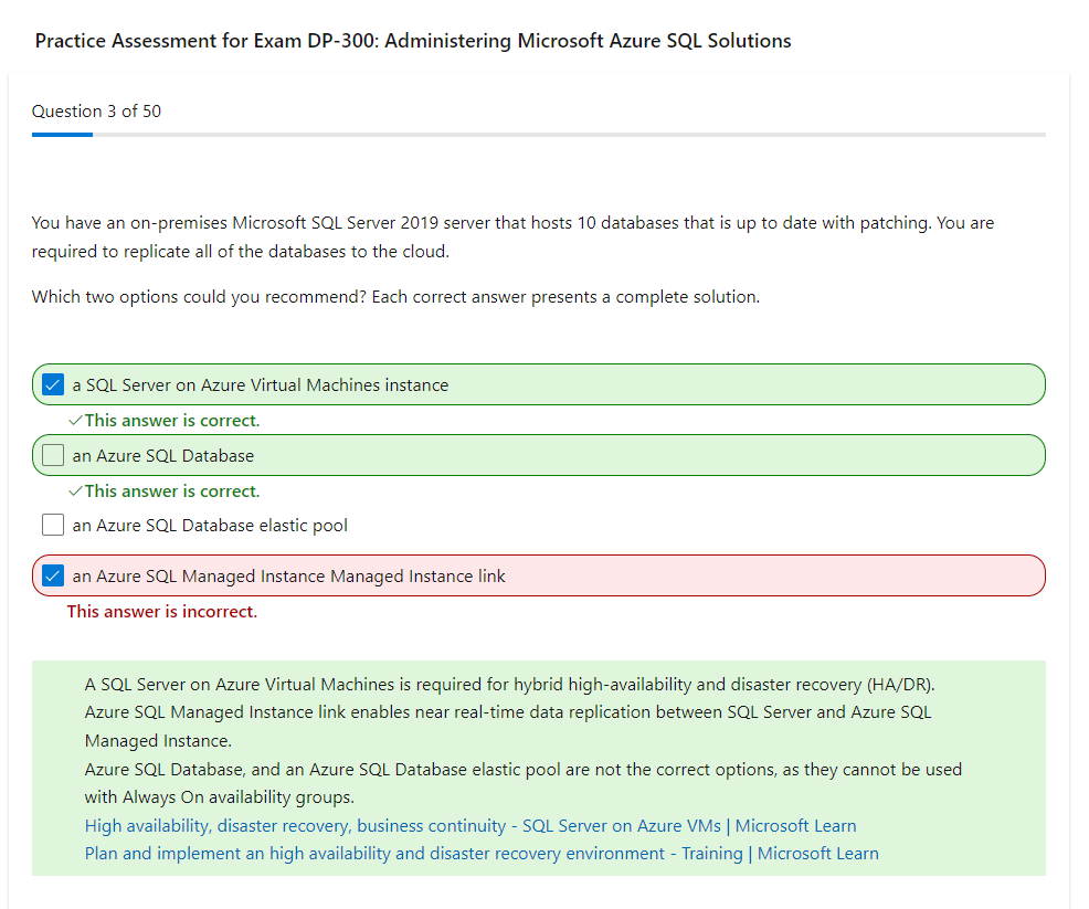 DP-300 Practice Exam Question. Explanation contradicts "correct ...