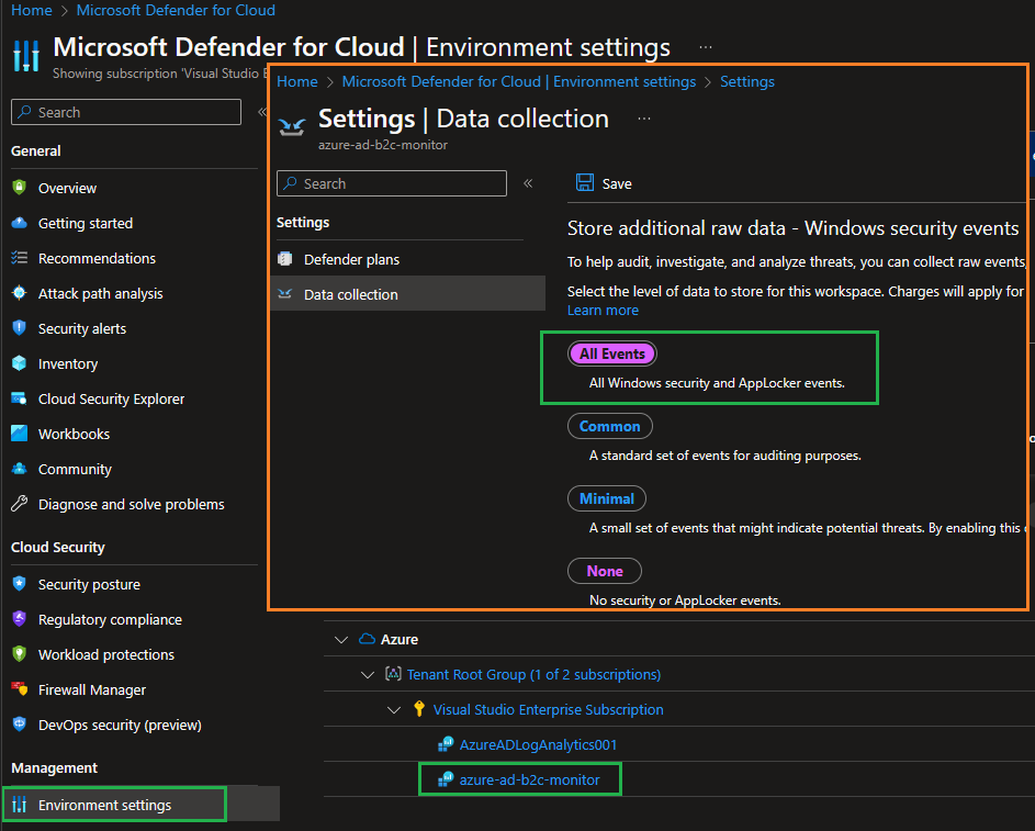 "Security Events Storage" option is greyed out in Microsoft Defender ...