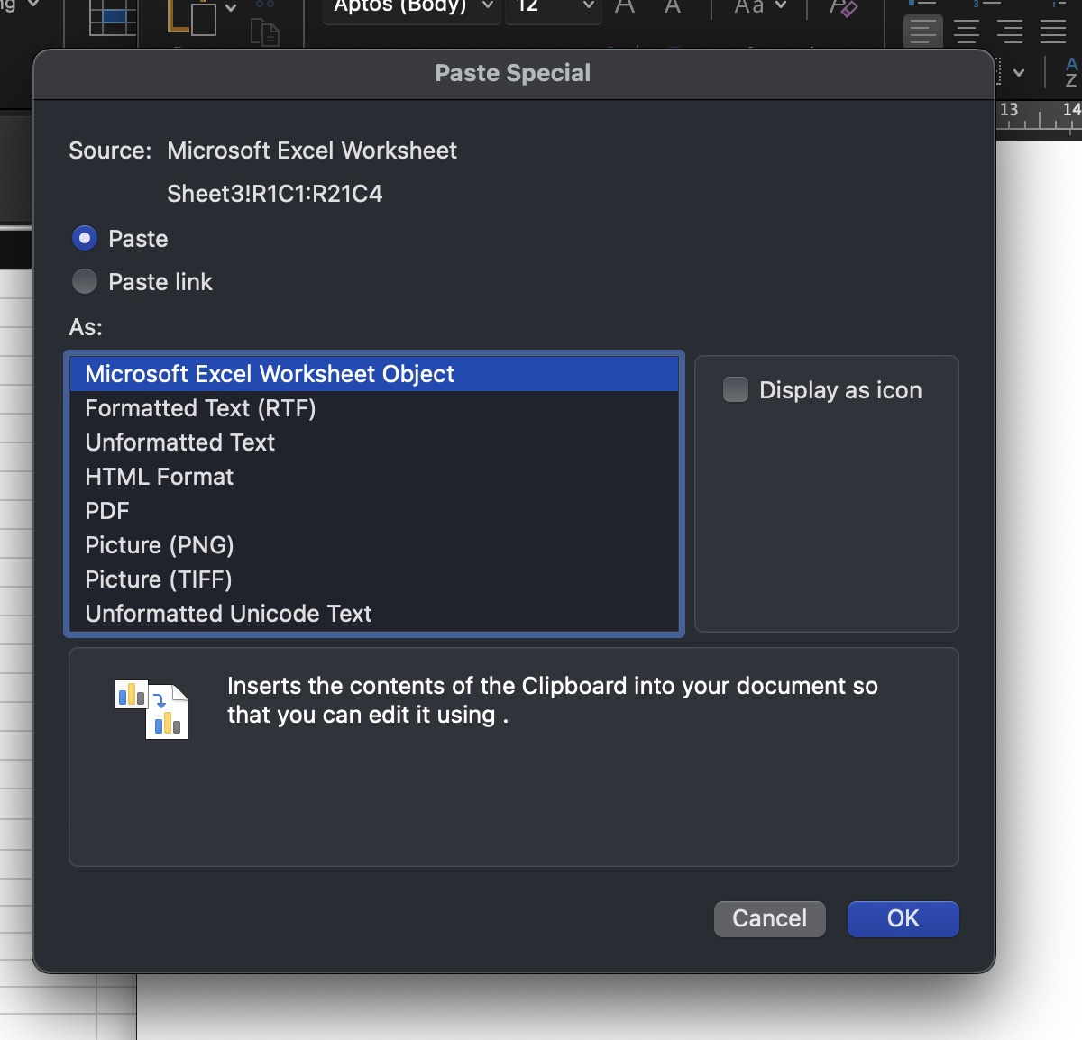 Mac/Microsoft 365 - Paste Excel Table into Word Document showing up as ...