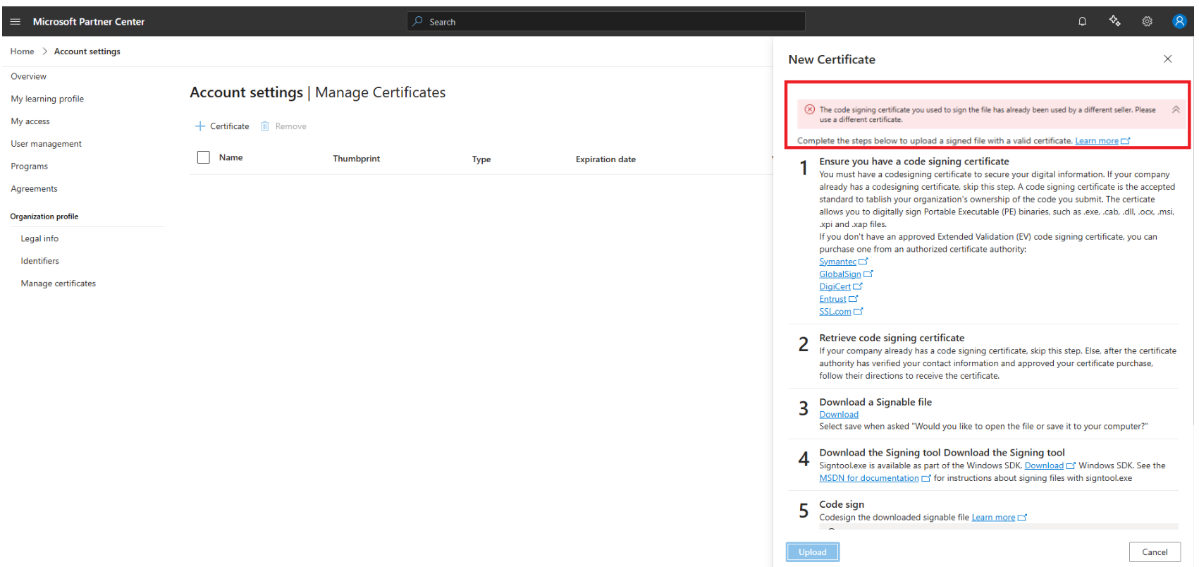 Code signing upload failed: "The code signing certificate you used to ...