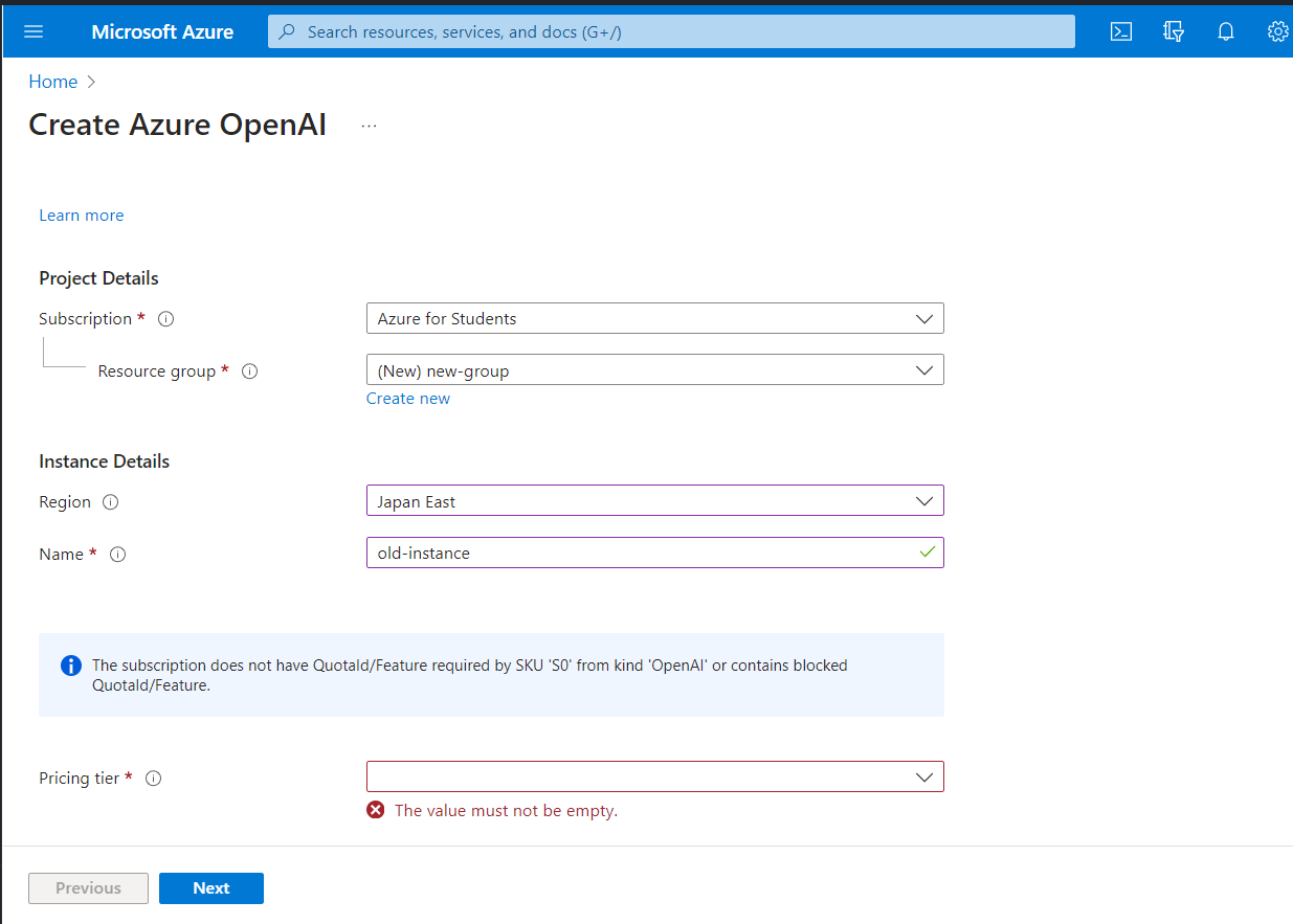 How to fix issue with 'pricing tier' selection when creating an Azure OpenAI resource ...