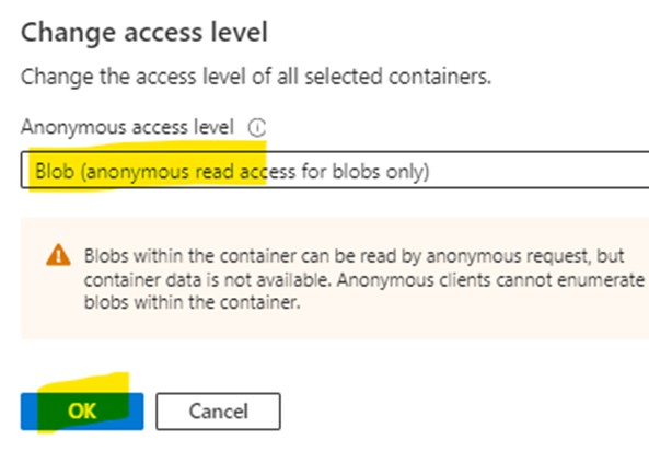 How To Turn On The Anonymous Access Level In Creating New Container In