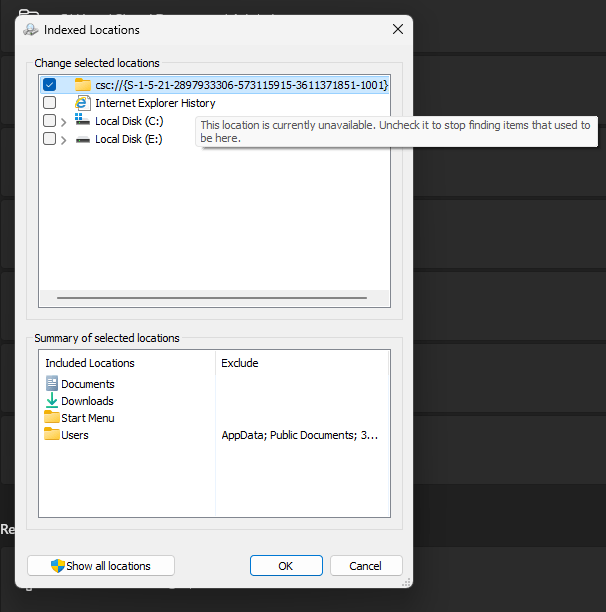 Change Selected Indexed Locations - Microsoft Q&A
