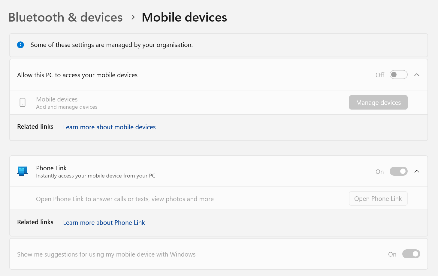 The settings in phone link are greyed out and says some of these ...