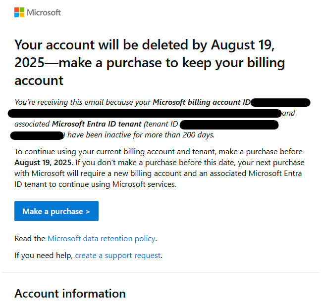 Microsoft email regarding "make purchase to keep entra id and account ...