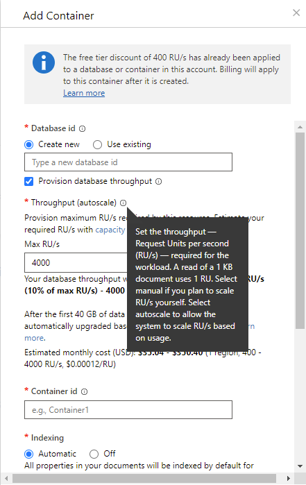 Azure Cosmos Db Cant Set Throughput To Manual When Adding Database Microsoft Qanda