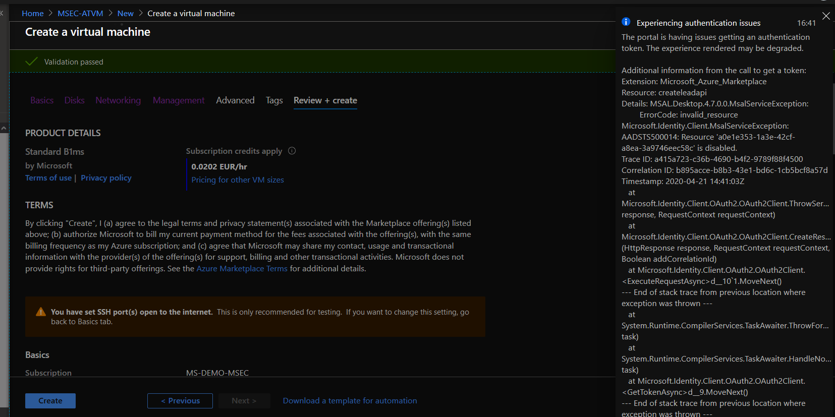 Problem When Validating Vm Creation Microsoft Qanda