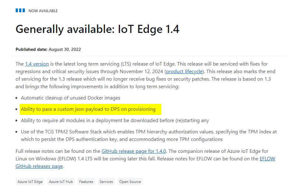 Does Azure IoT Edge 1.4 release support custom payload to be sent from DPS to IoT edge device as ...