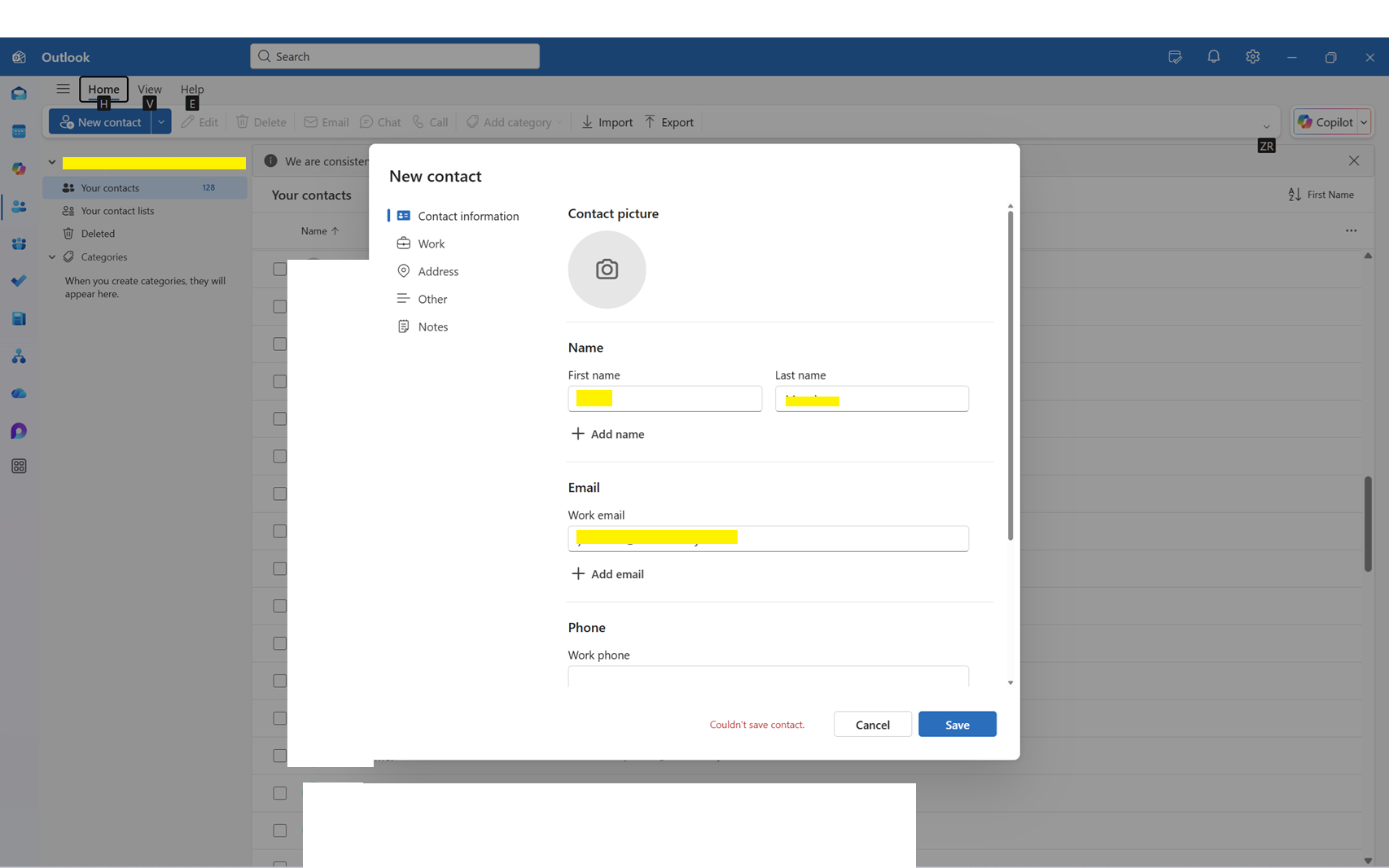 Whenever I try to add a contact into my contact list it says "couldn't ...