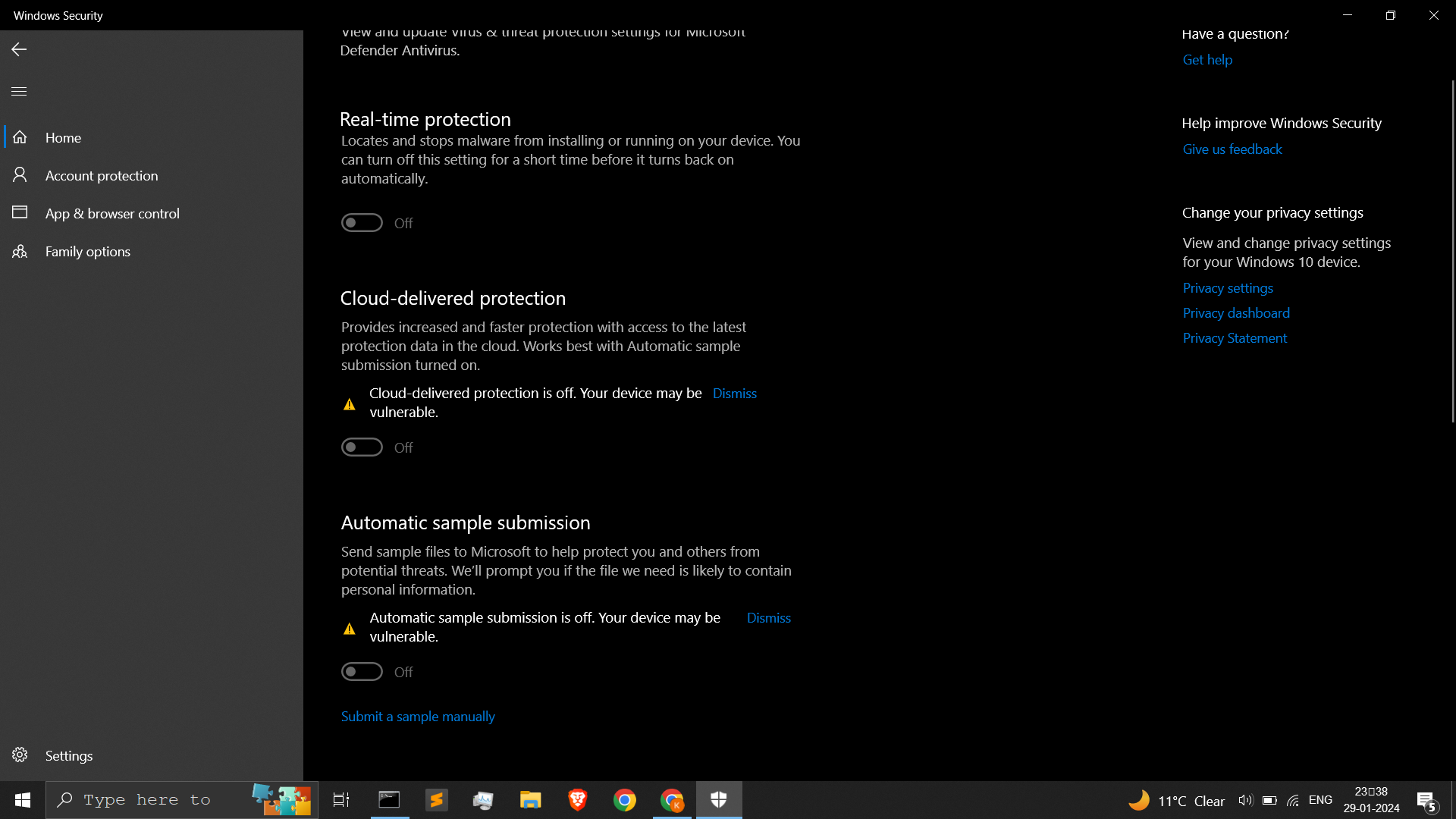 virus and threat protection all off and no security provider ...