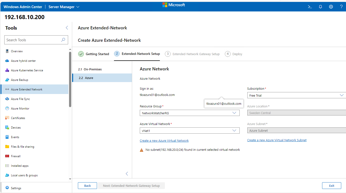 WAC not detect subnet inside vNet when configuring Azure Extended ... WAC not detect subnet inside vNet when configuring Azure Extended ...