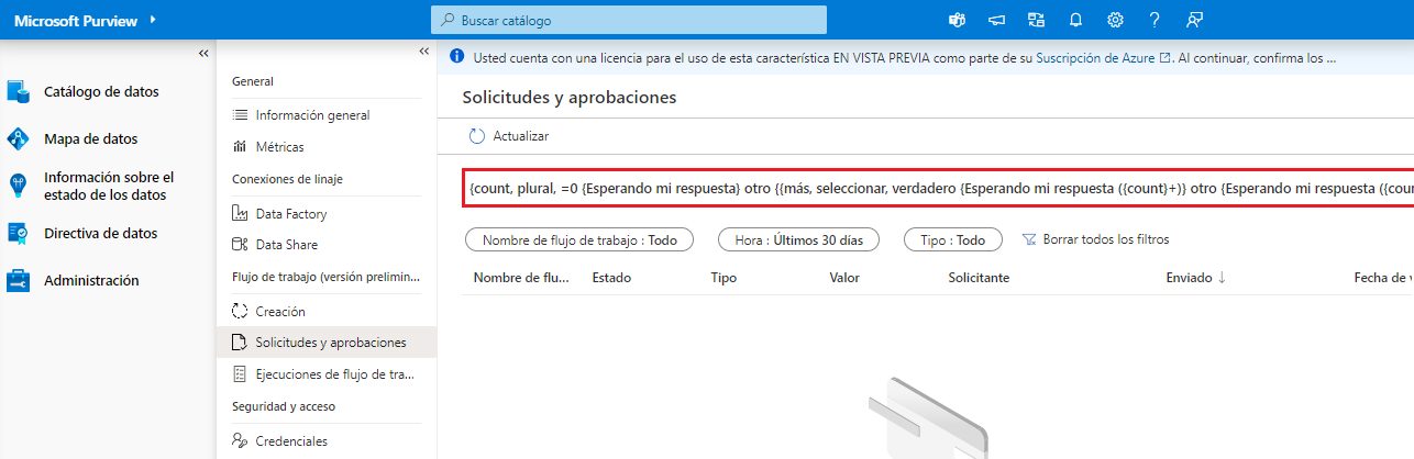 Microsoft Purview: Error in the Spanish text of Requests and Approvals ...