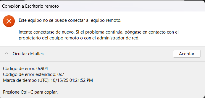 Como puedo solucionar mi problema de conexión RDP error 0X904 ...