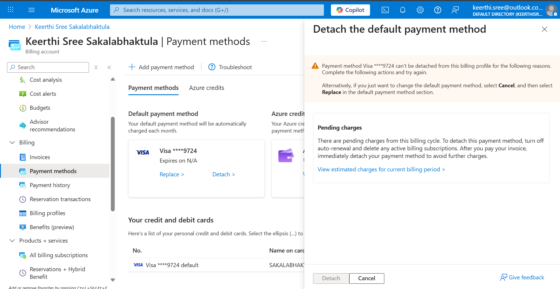 Unable to detach my credit card from azure portal and ther is no amount ...