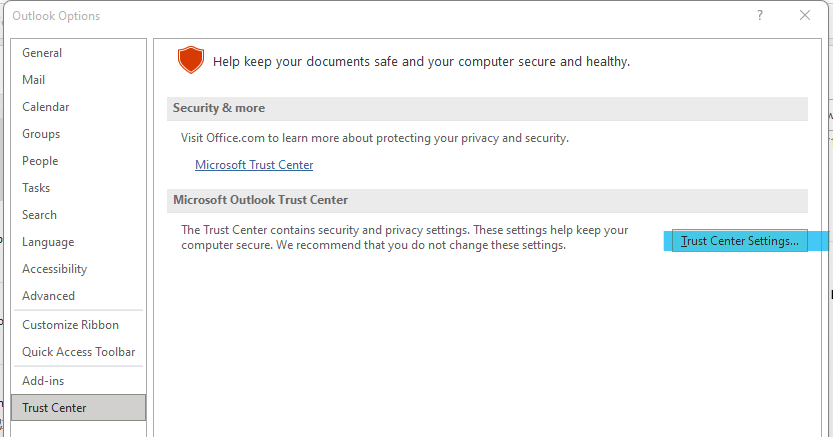 Where can I find the Trust center settings that are shown in Outlook ...