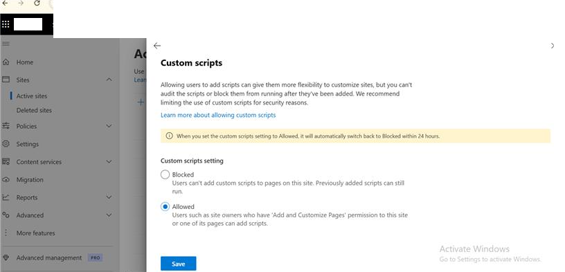 Unable to allow custom scripts for SharePoint site in admin tenant - Microsoft Q&A