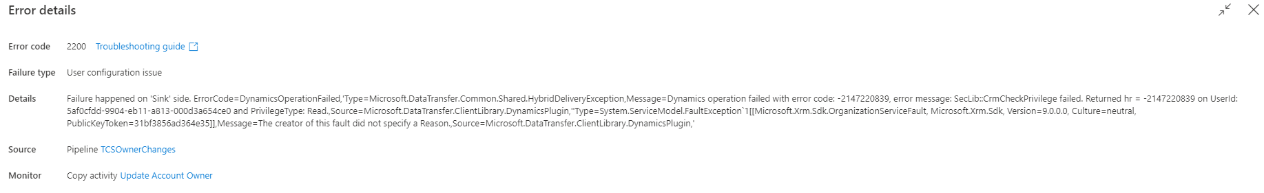 Azure Data Factory Copy Data Sql To Ce Crmcheckprivilege Failed Microsoft Qanda