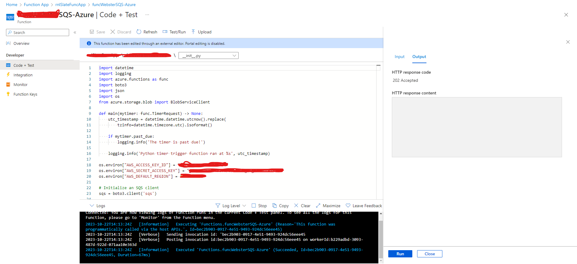 Call to provided Azure function 'MyTimeTestingFunction ' failed with ...