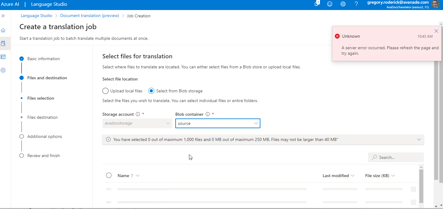 Language Studio Doc Translation - Unknown Error (Blob Storage) - Microsoft Q&A