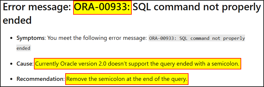 Breaking Undocumented Change: Oracle Connector v2 for queries ending in a semi-colon | Works ...