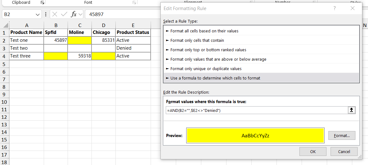 Conditional Formatting A Column With Blank Cells Based On Text In Another Column Microsoft Qanda