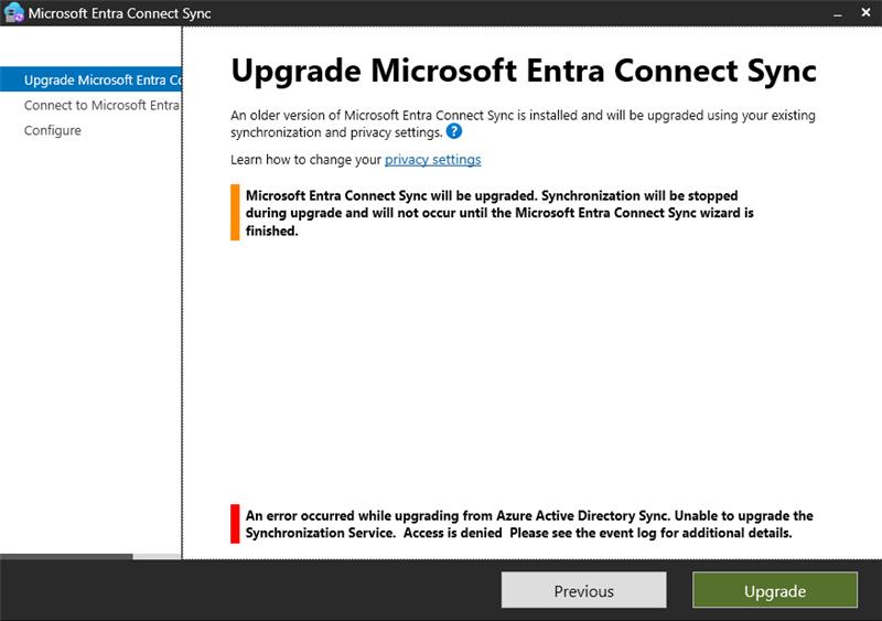 After Azure Entra Sync Connect update error Access is Denied - Microsoft Q&A