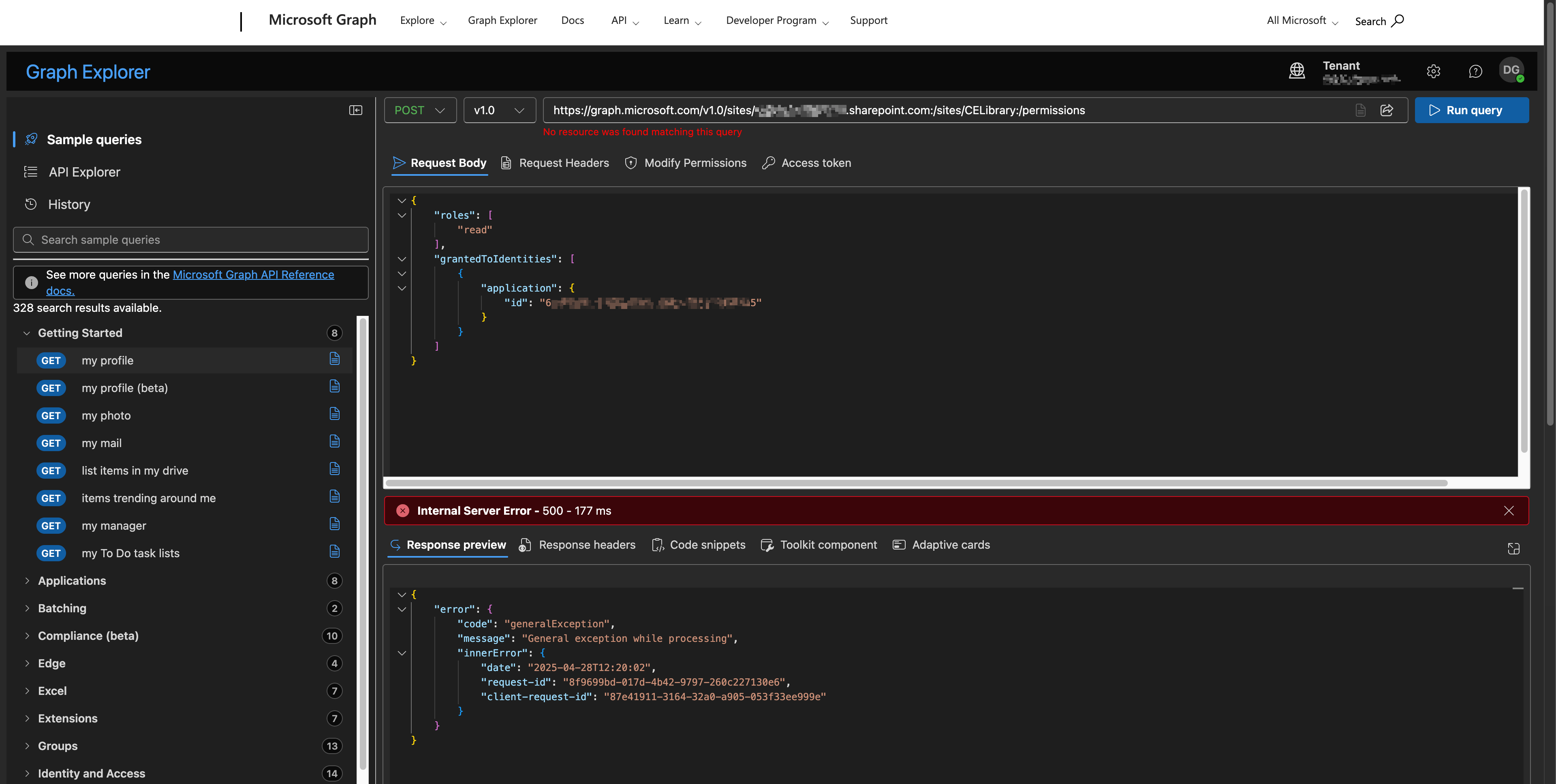 500 error when creating SharePoint site permission via Graph API ... 500 error when creating SharePoint site permission via Graph API ...
