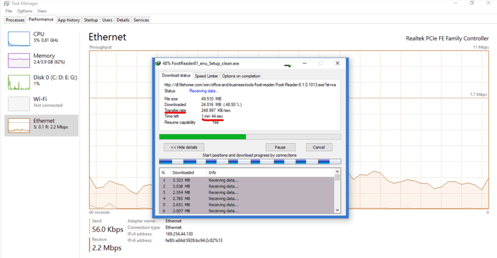 Windows task manager is showing 10 times more network speed than actual ...