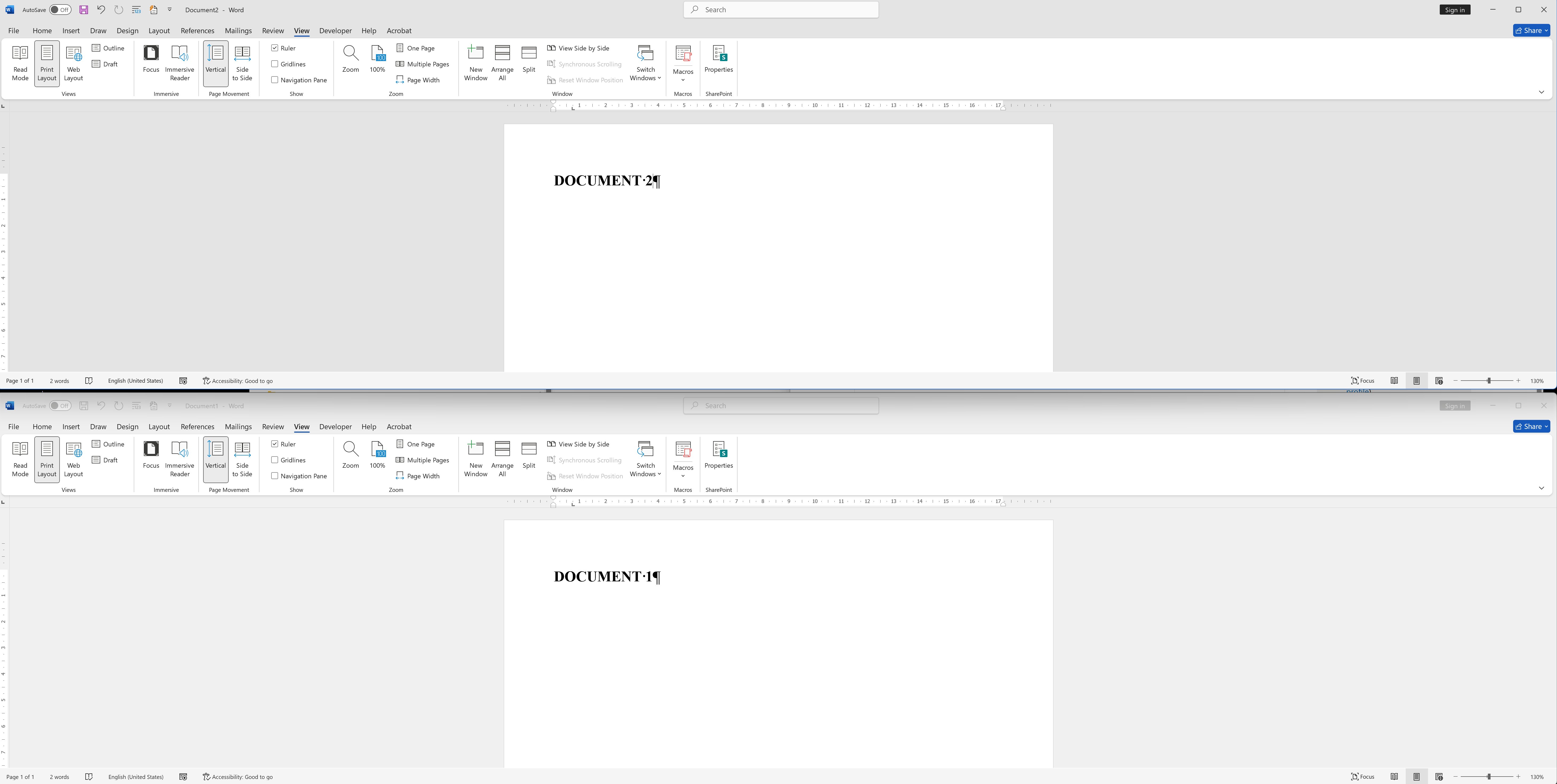 When viewing 2 documents side by side - Horizontally, clicking on File ...