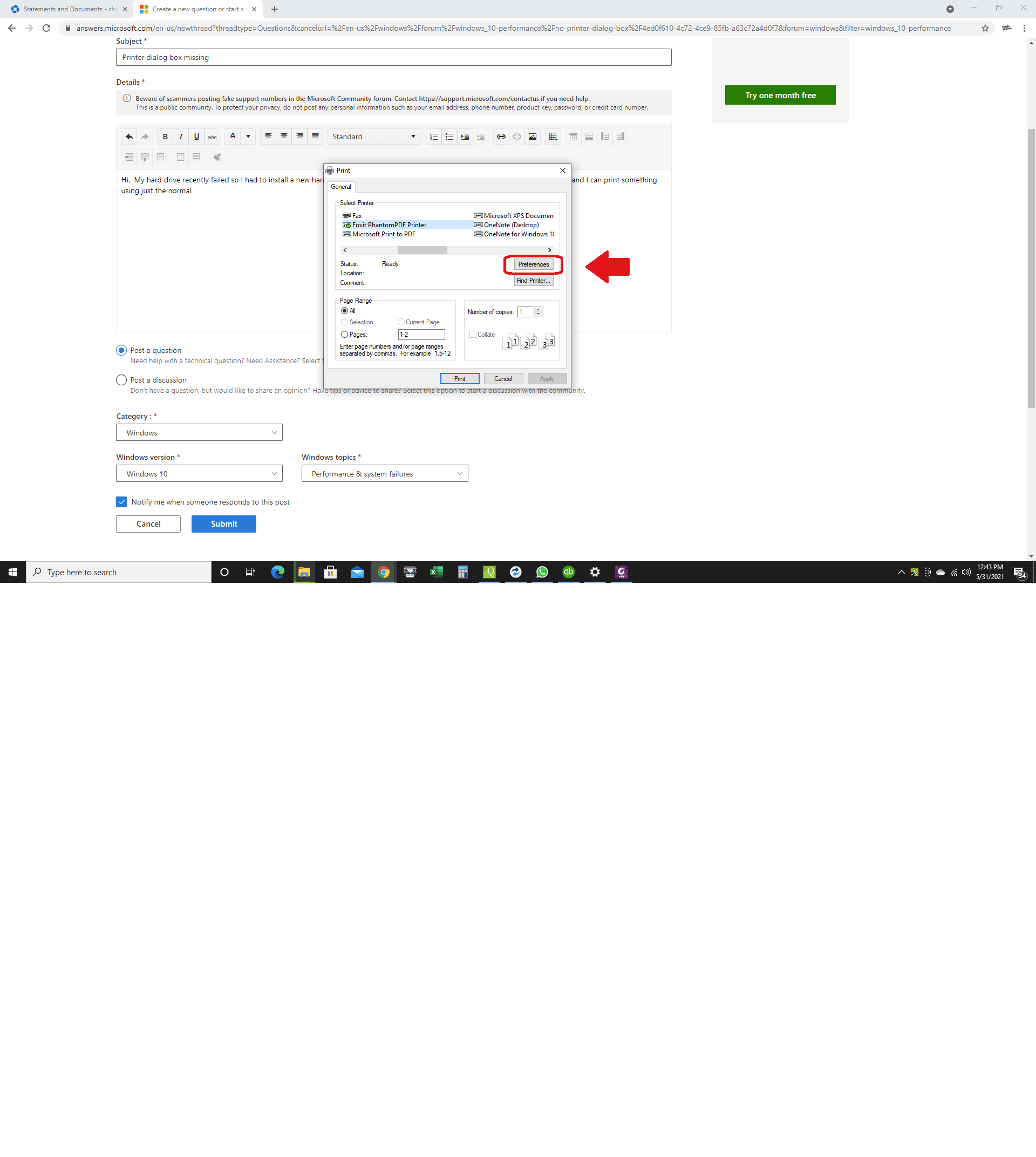 Printer dialog box missing - Microsoft Q&A