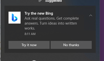 How do I disable this popup toast window ad to "Try the new Bing ...