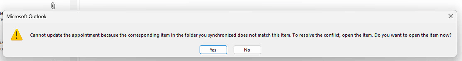 Outlook calendar pop up warning/error box occasionally occurs and asks ...