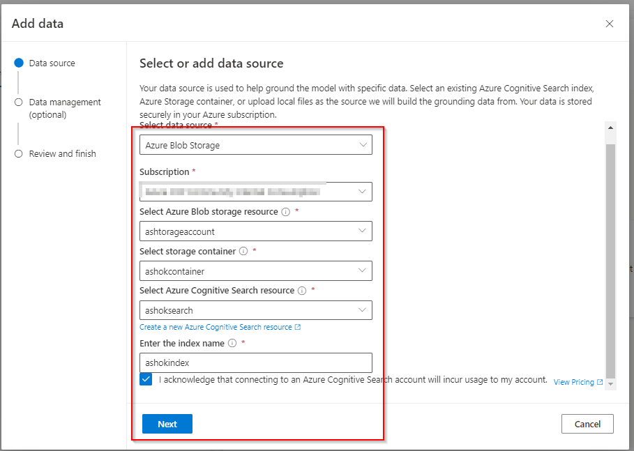 Azure AI studio > Playground > "Add your data" trigger error. - Microsoft Q&A