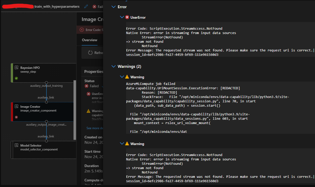 StreamError sharing inputs form Sweep Job to Command Job - AzureML SDKv2 - Microsoft Q&A