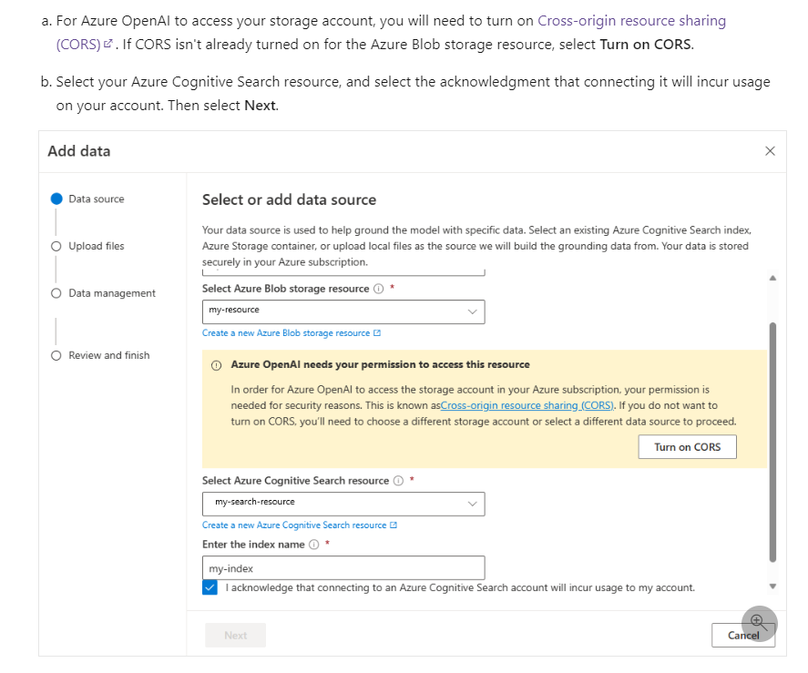[Azure AI Studio] Chat Playground Error when adding Blob Storage as data source: We couldn't ...