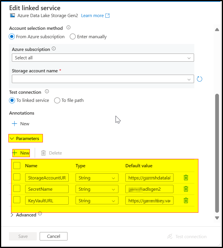 Linked serice parameterization for azure synapse - Microsoft Q&A
