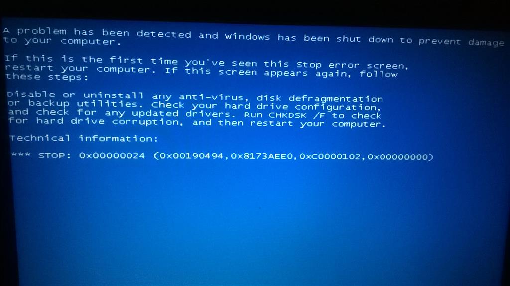 stop 0x00000024 (0x00190494,0x814D8368,0xC0000102,0x00000000 blue ...