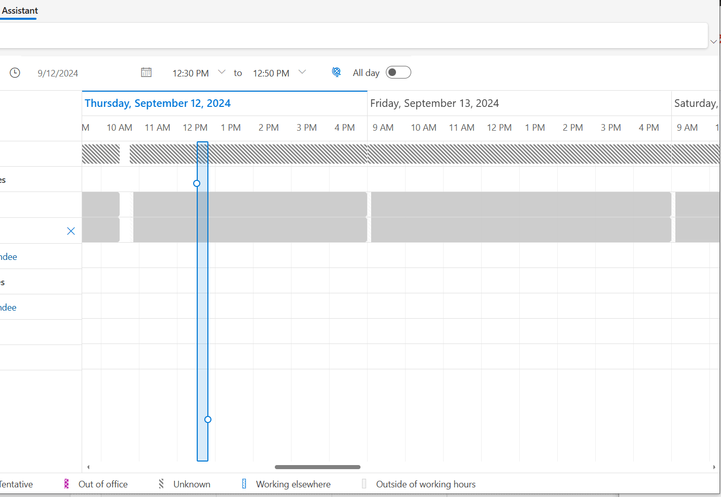 Scheduling Assistant displaying all grey for availability, including ...