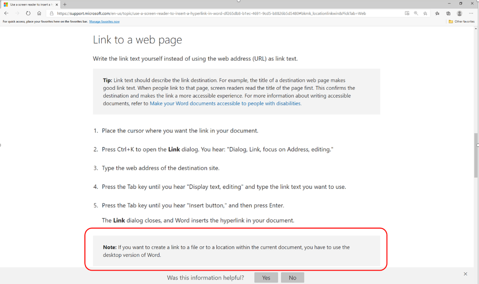 Why can't I create a link inside the document (Link to a location ...