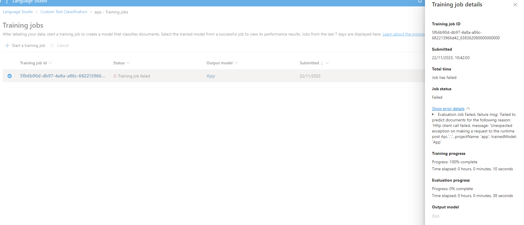 Error Training Job Language Studio - Microsoft Q&A Error Training Job Language Studio - Microsoft Q&A