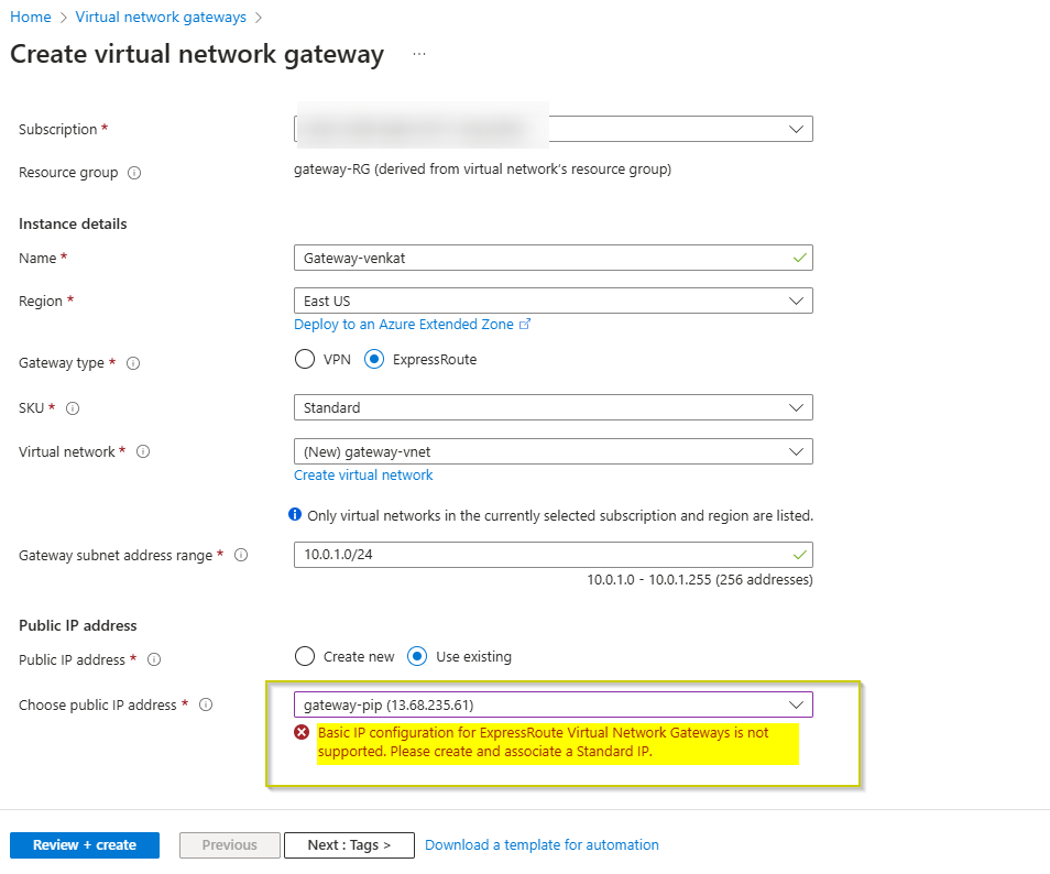 How to complete Virtual network gateway sku migration, Failure at the Prepare step. Validation ...