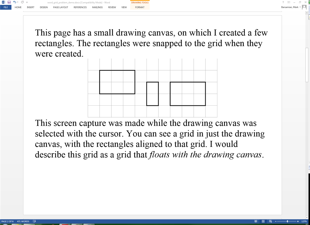 How can I get a floating grid in a drawing canvas in Word 2013 ...