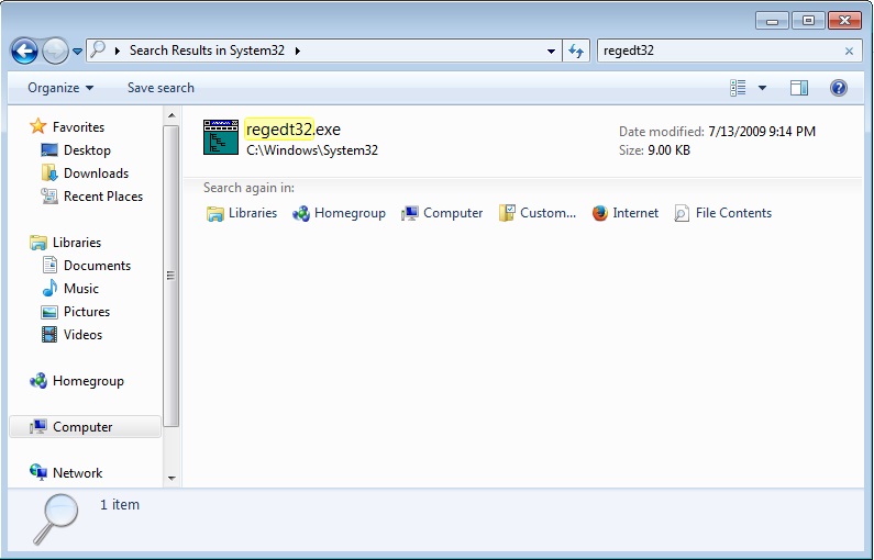 I searched C:\Windows\System32\regedit32.exe using Windows Explorer and ...