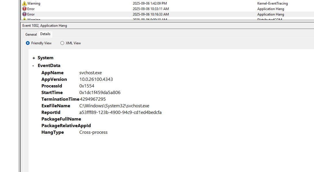 PC soft locks, Application Hang "The program svchost.exe version 10.0.26100.4343 stopped ...
