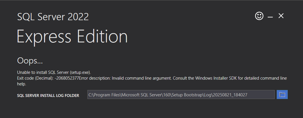 SQL Server 2022 installation error- Invalid command Line argument - Microsoft Q&A