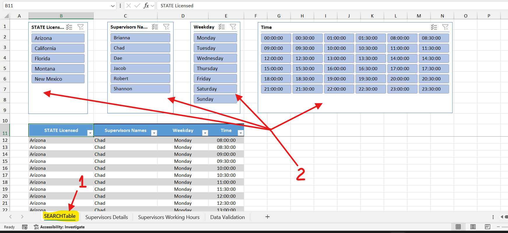 Excel Spreadsheet to produce a list of names based on day of week, hour ...