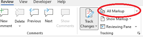 Office 365 - Default view to "Show Markup" --> Balloons --> Show ...